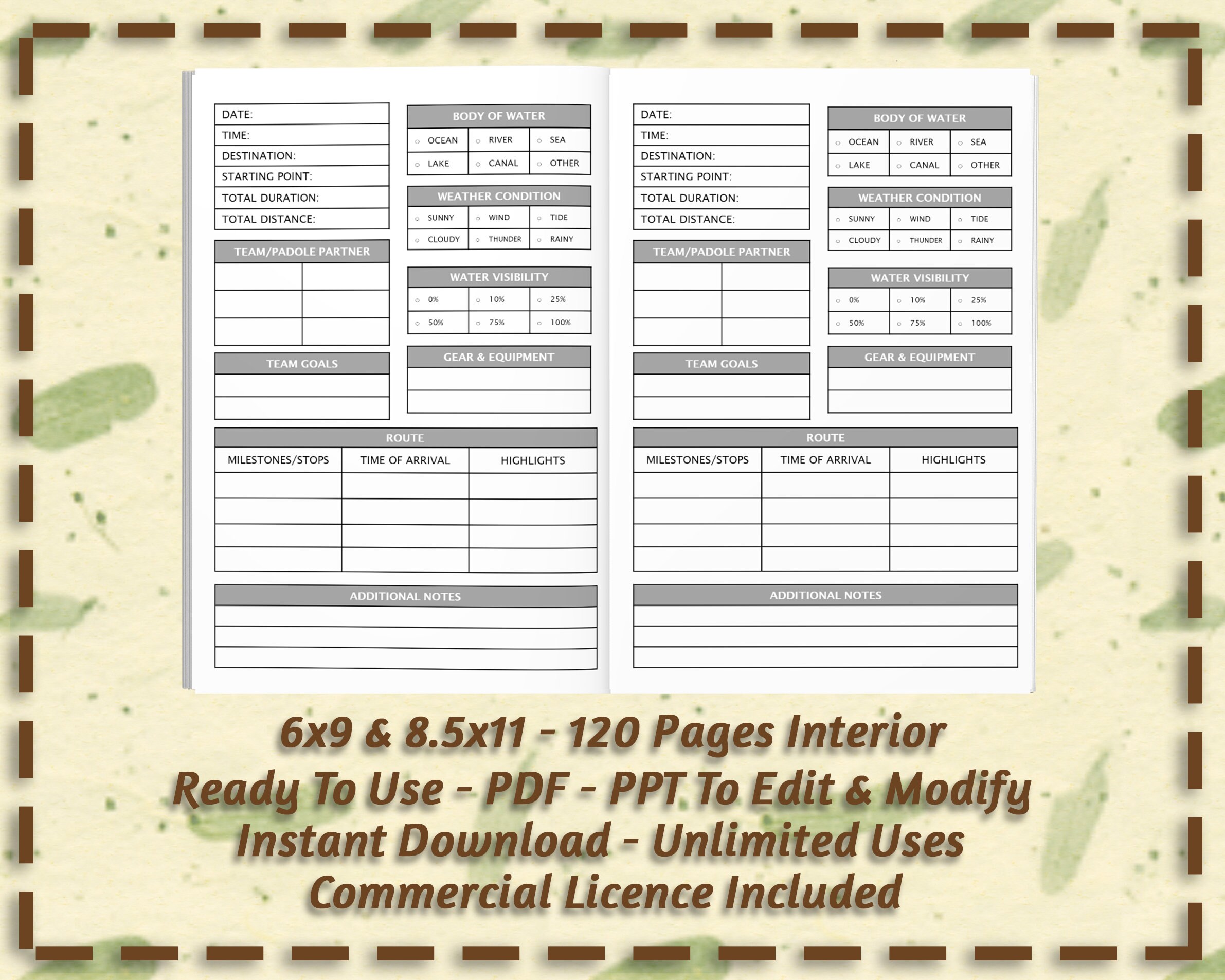 Kayaking Logbook Interior | 120 Pages, 6x9 and 8.5x11 (editable Ppts ...