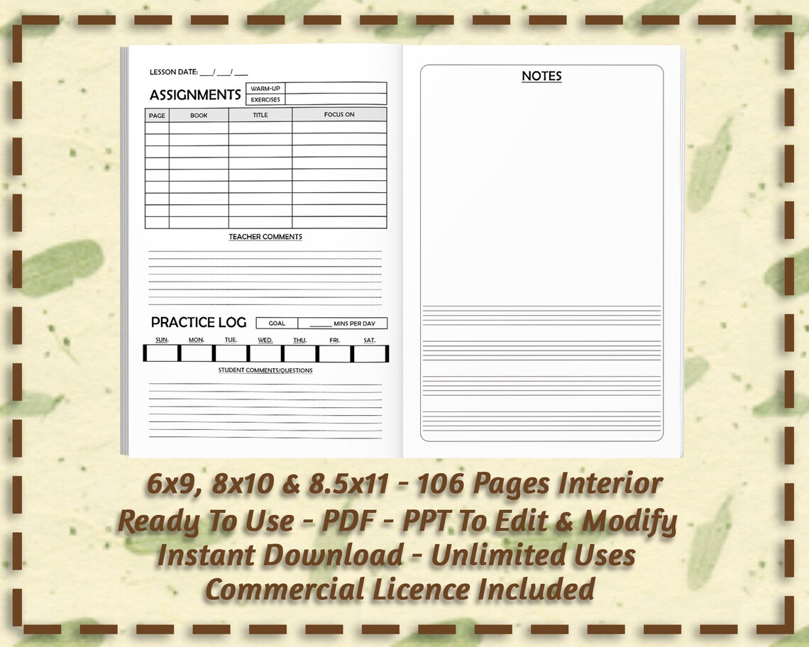 Music Practice Log Book Interior 105 Pages| 6" X 9", 8" X 10" & 8.5" X ...