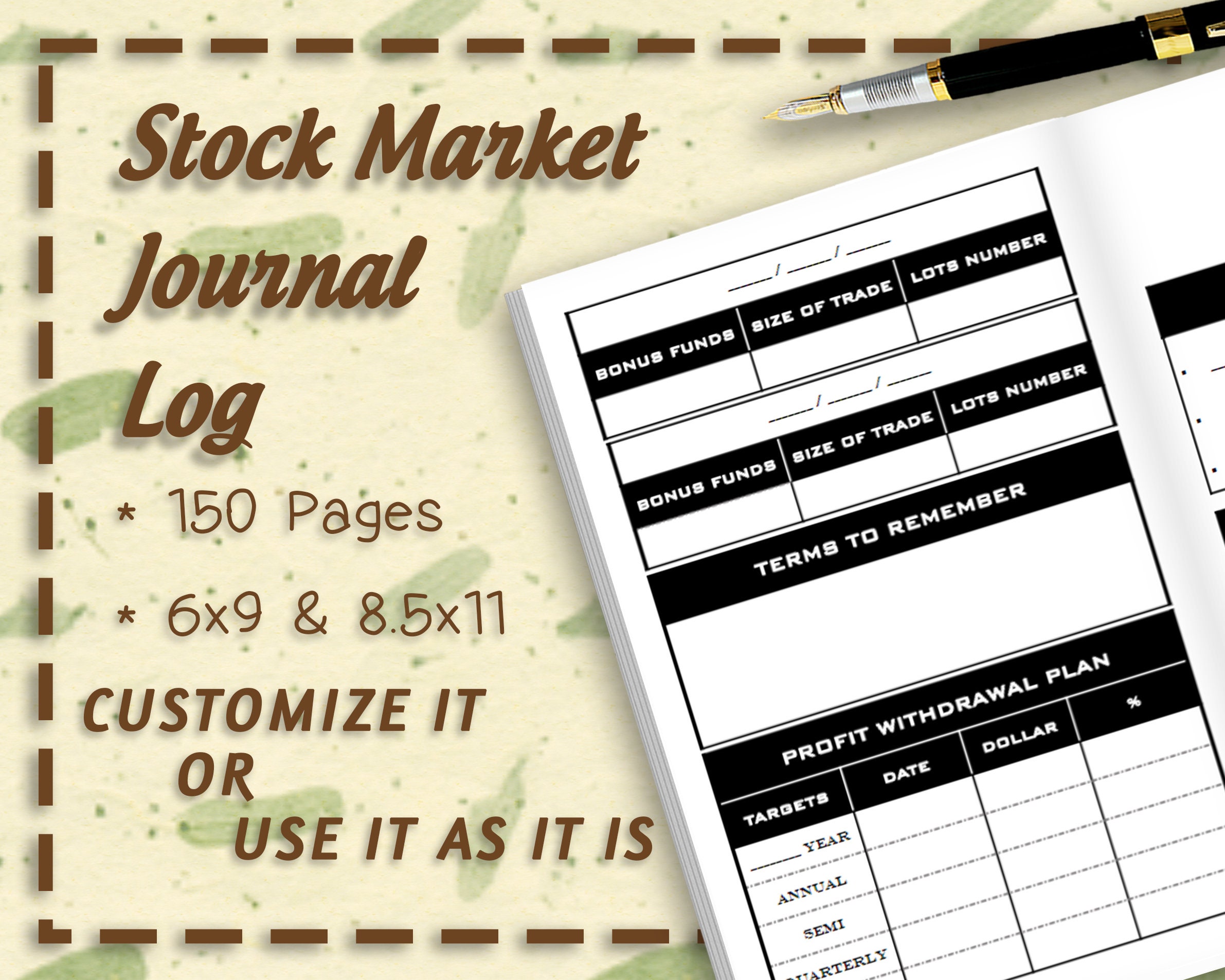 Stock Market Journal Log Interior 150 Pages No Bleed | 8.5" X 11" Trim ...