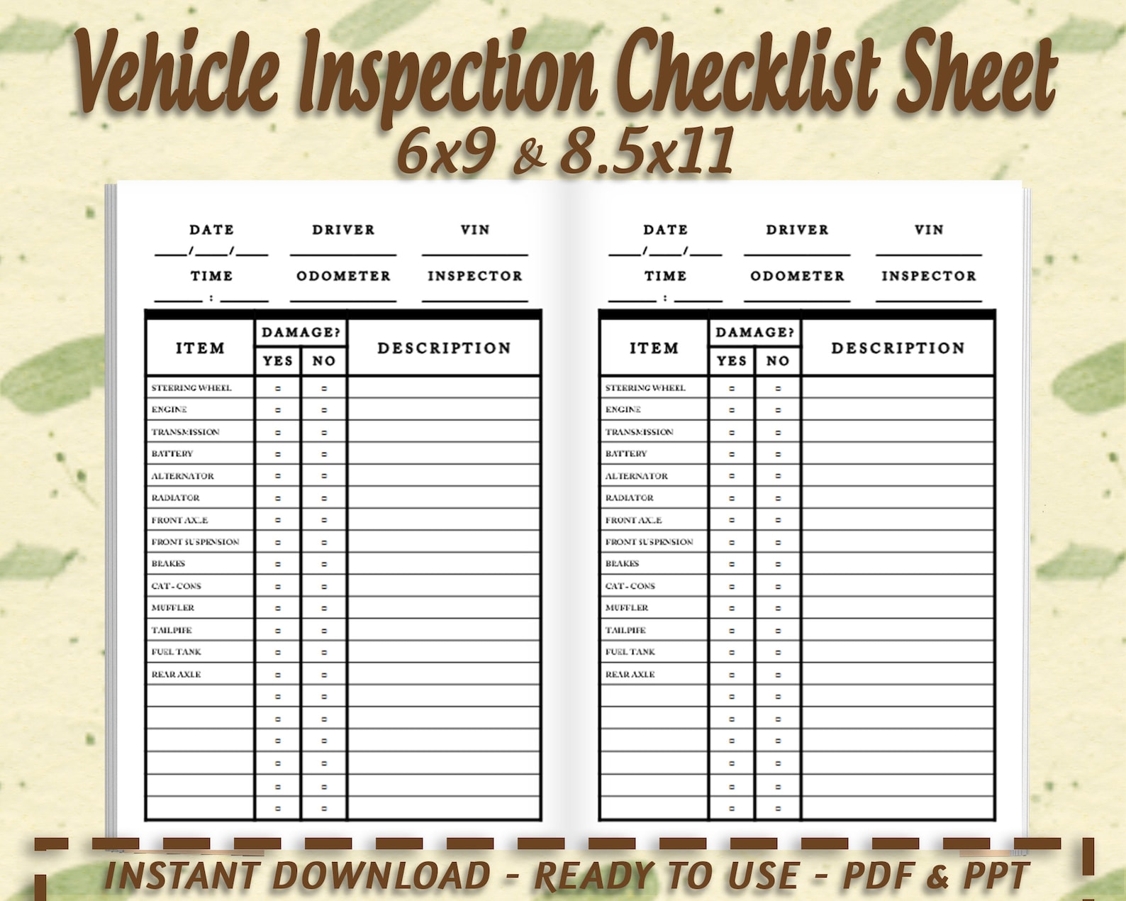Vehicle Inspection Checklist Interior 120 Pages | 6" X 9" & 8.5" X 11 ...