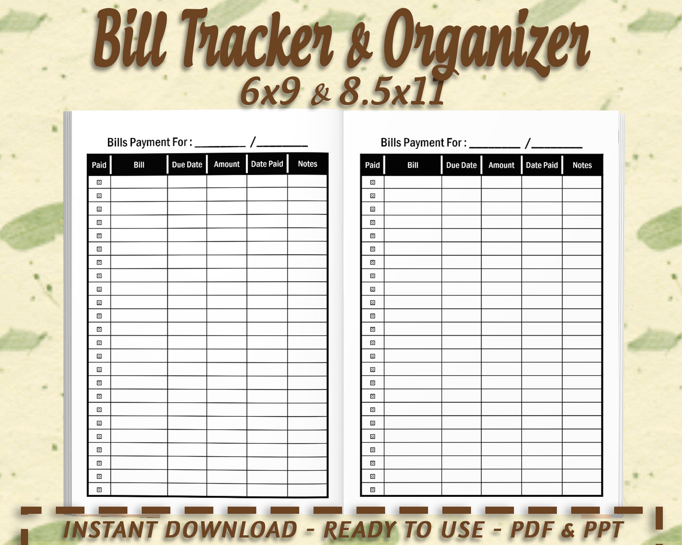 Bill Tracker and Organizer Interior 120 Pages 6 X 9 & 8.5 X 11 Trim ...