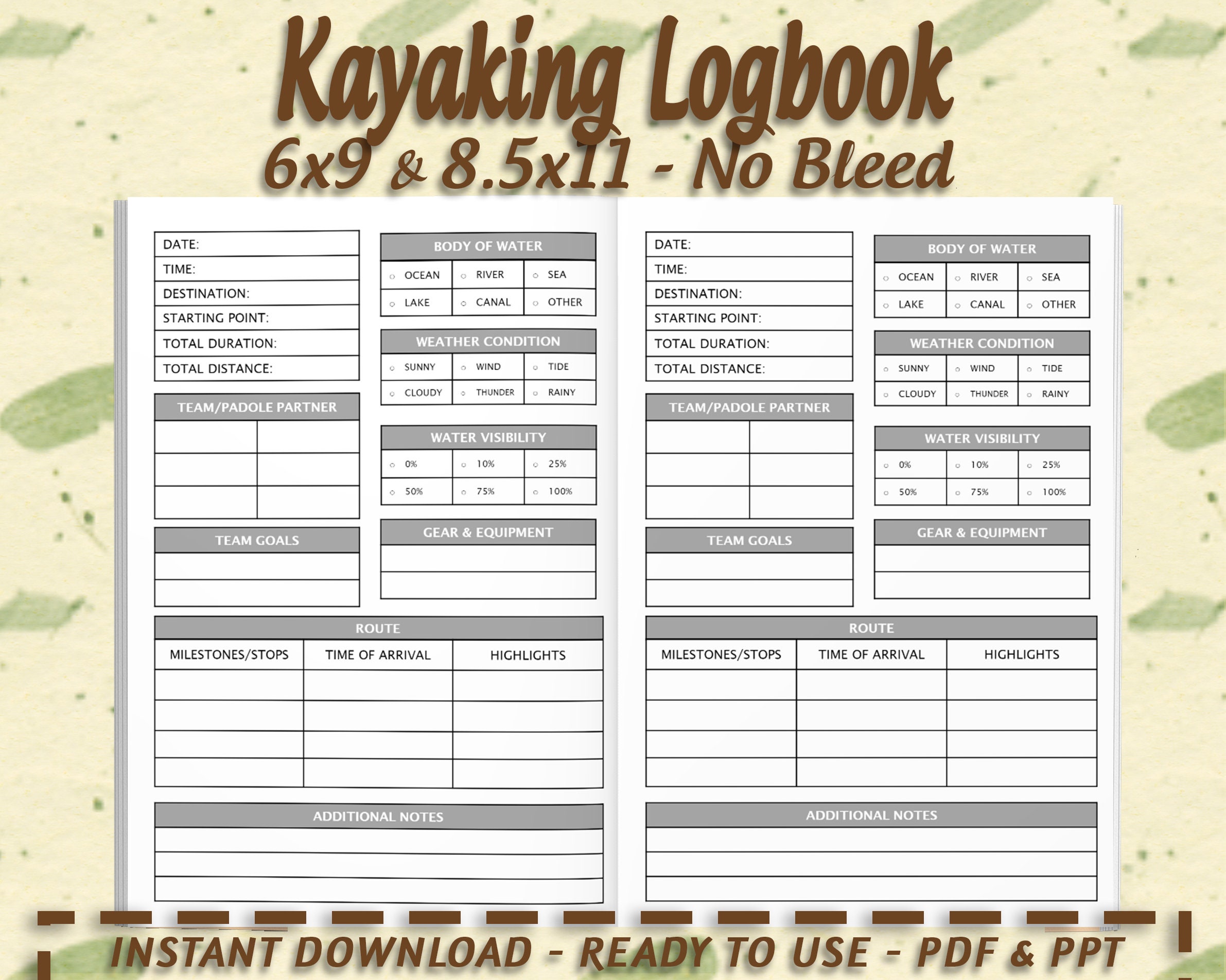 Kayaking Logbook Interior 120 Pages No Bleed | 6" X 9" & 8.5" X 11 ...