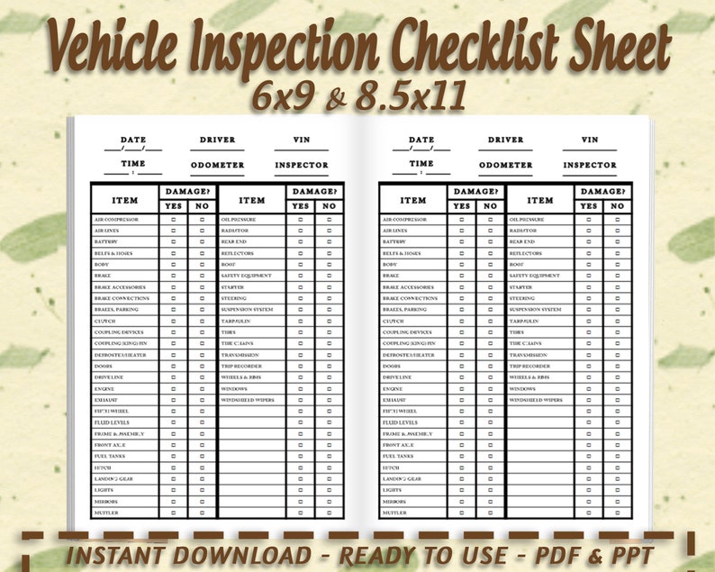 Vehicle Inspection Checklist Interior 120 Pages | 6" X 9" & 8.5" X 11 ...