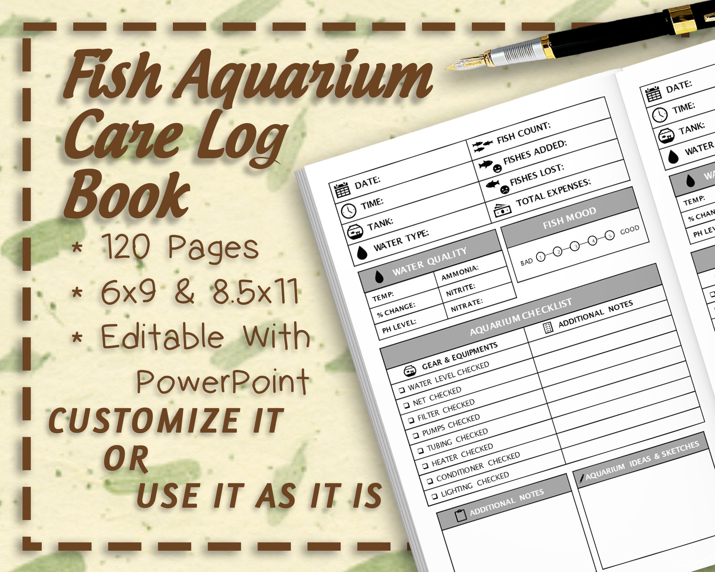 Fish Aquarium Log Interior 120 Pages No Bleed | 6" X 9" & 8.5" X 11 ...
