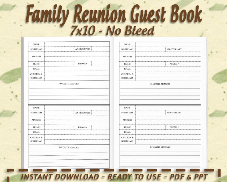 Family Reunion Guest Book Interior 120 Pages | 7" X 10" Trim Size ...