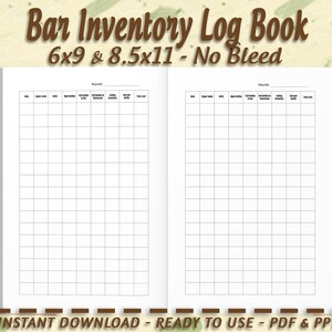 Bar Inventory Log Book Interior 120 Pages | 6" X 9" & 8.5" X 11" Trim ...