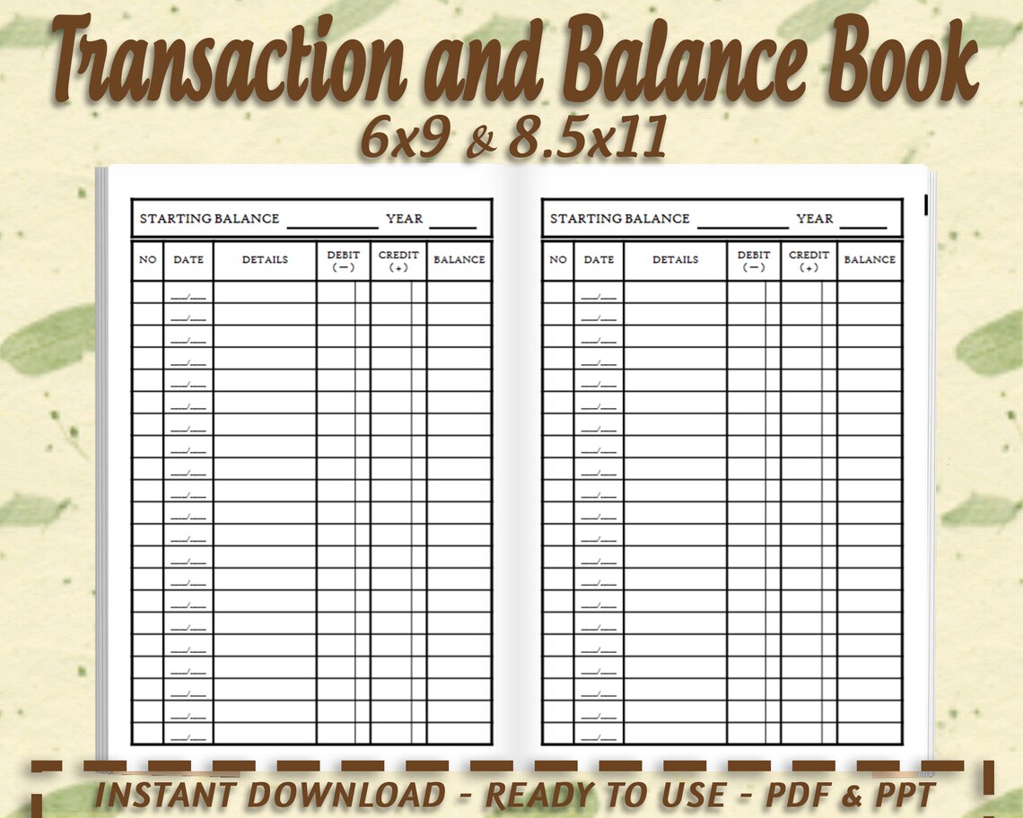 Transaction Balance Book Interior | 6x9 & 8.5x11 Editable PPT PDF - Etsy