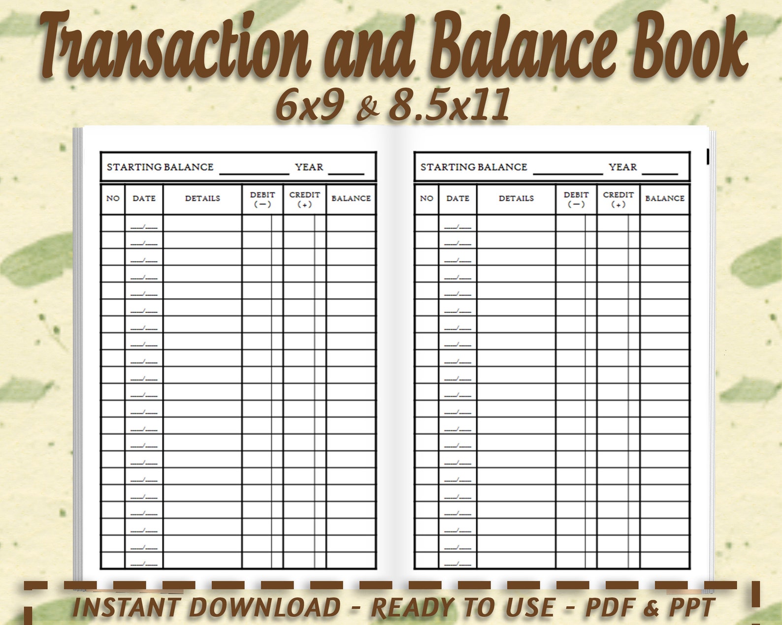 Transaction Balance Book Interior | 6x9 & 8.5x11 Editable PPT PDF - Etsy