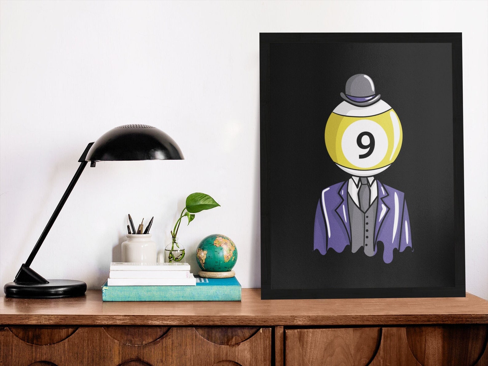 Billiard 9 Ball Poster, Billiard Wall Art, Canvas Wooden Black White ...