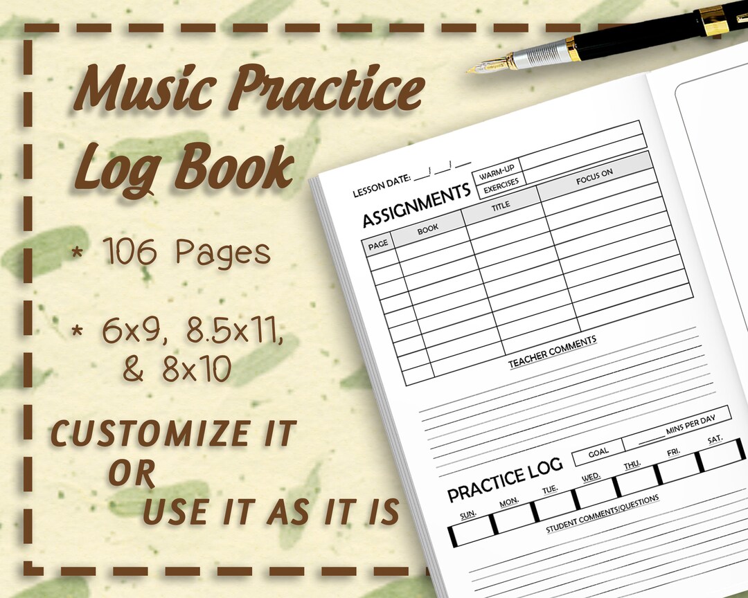 Music Practice Log Book Interior 105 Pages| 6" X 9", 8" X 10" & 8.5" X ...