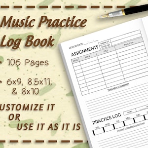 Music Practice Log Book Interior 105 Pages| 6" X 9", 8" X 10" & 8.5" X ...