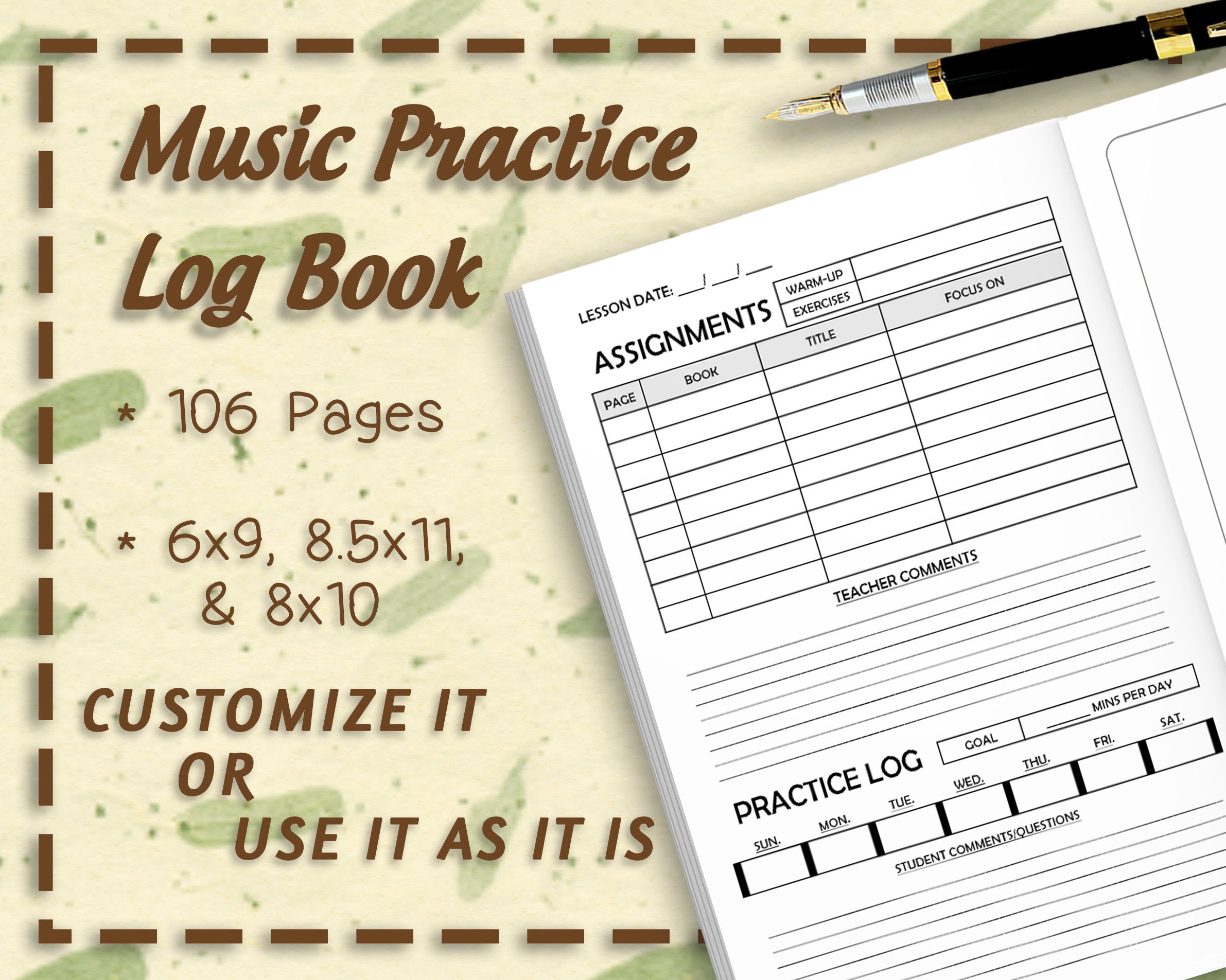 Music Practice Log Book Interior 105 Pages| 6" X 9", 8" X 10" & 8.5" X ...