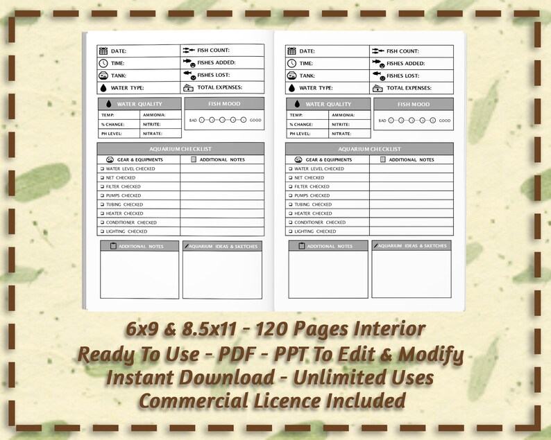 Fish Aquarium Log Interior 120 Pages No Bleed | 6" X 9" & 8.5" X 11 ...