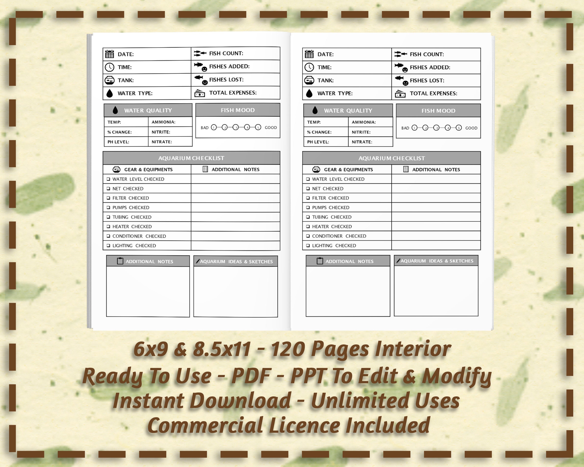 Fish Aquarium Log Interior 120 Pages No Bleed | 6" X 9" & 8.5" X 11 ...