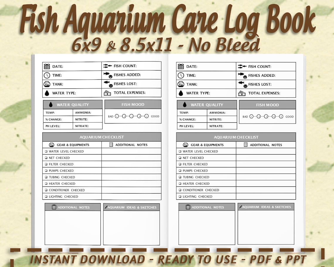 Fish Aquarium Log Interior 120 Pages No Bleed | 6" X 9" & 8.5" X 11 ...