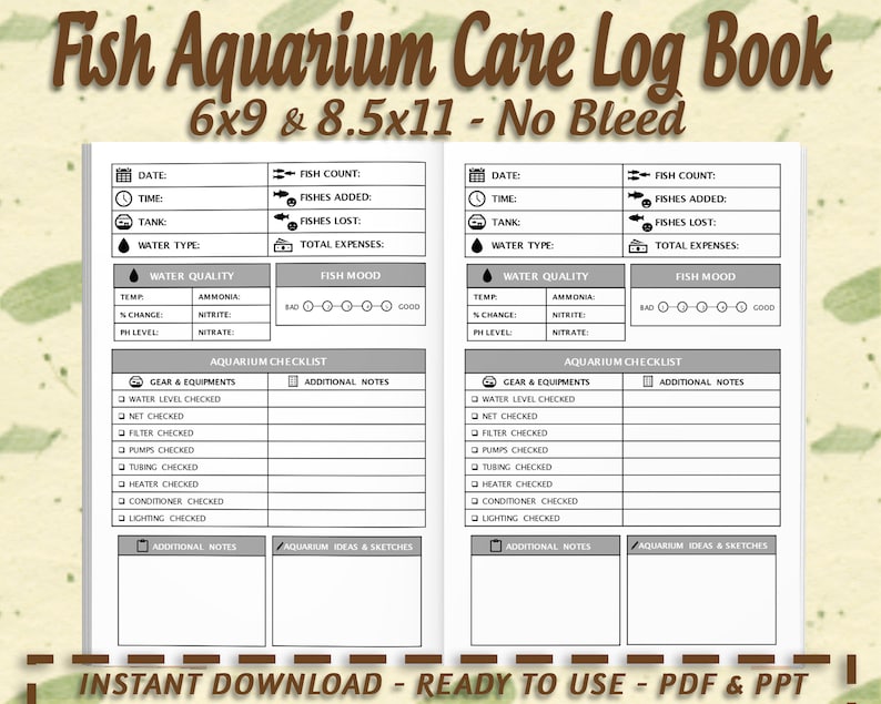 Fish Aquarium Log Interior 120 Pages No Bleed | 6" X 9" & 8.5" X 11 ...