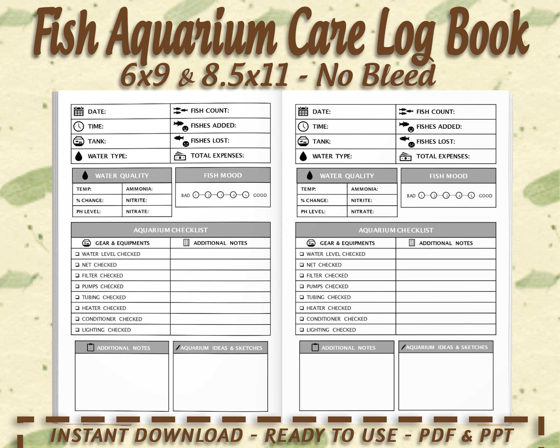 Fish Aquarium Log Interior 120 Pages No Bleed | 6" X 9" & 8.5" X 11 ...