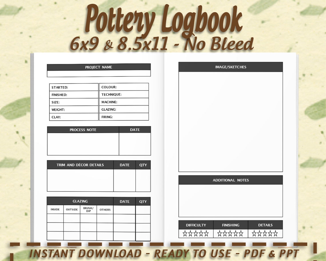 Pottery Logbook Interior 121 Pages No Bleed | 6" X 9" & 8.5" X 11" Trim ...