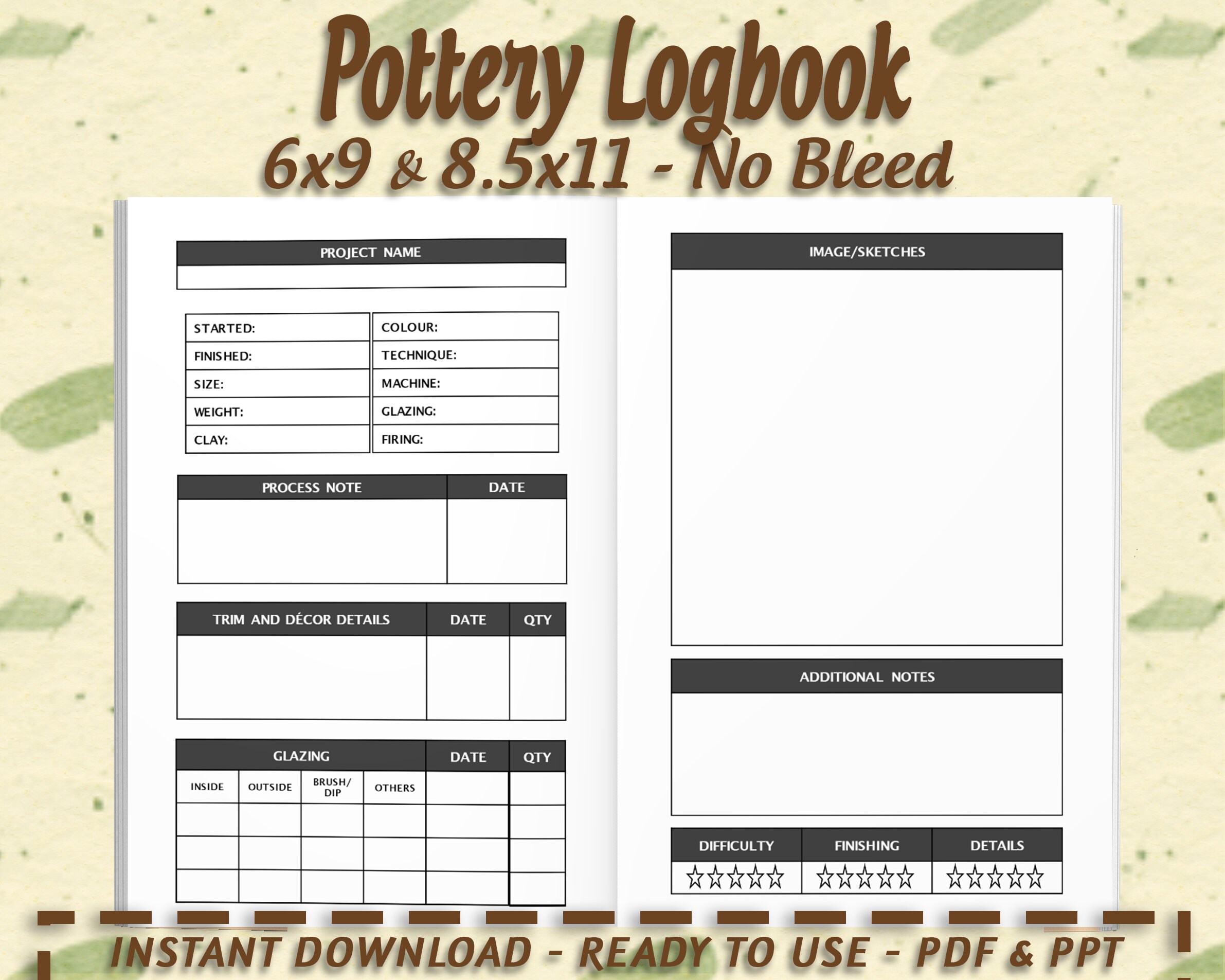 Pottery Logbook Interior 121 Pages No Bleed | 6" X 9" & 8.5" X 11" Trim ...
