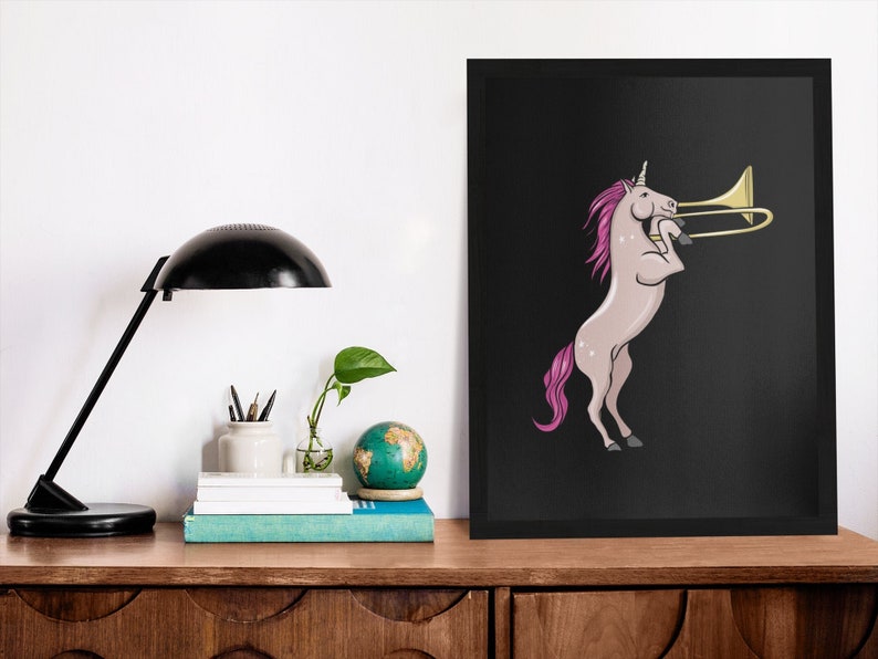 Unicorn Trombone Poster, Music Wall Art, Canvas Wooden Black White ...