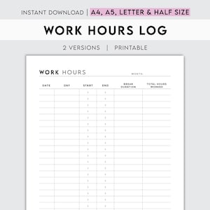 Work Hours Log and Time Tracking Sheet | Printable Work Schedule ...