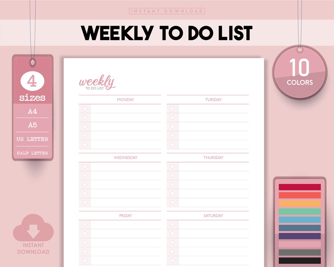 Weekly to Do List, Weekly Planner Pdf, Weekly Checklist, Daily ...