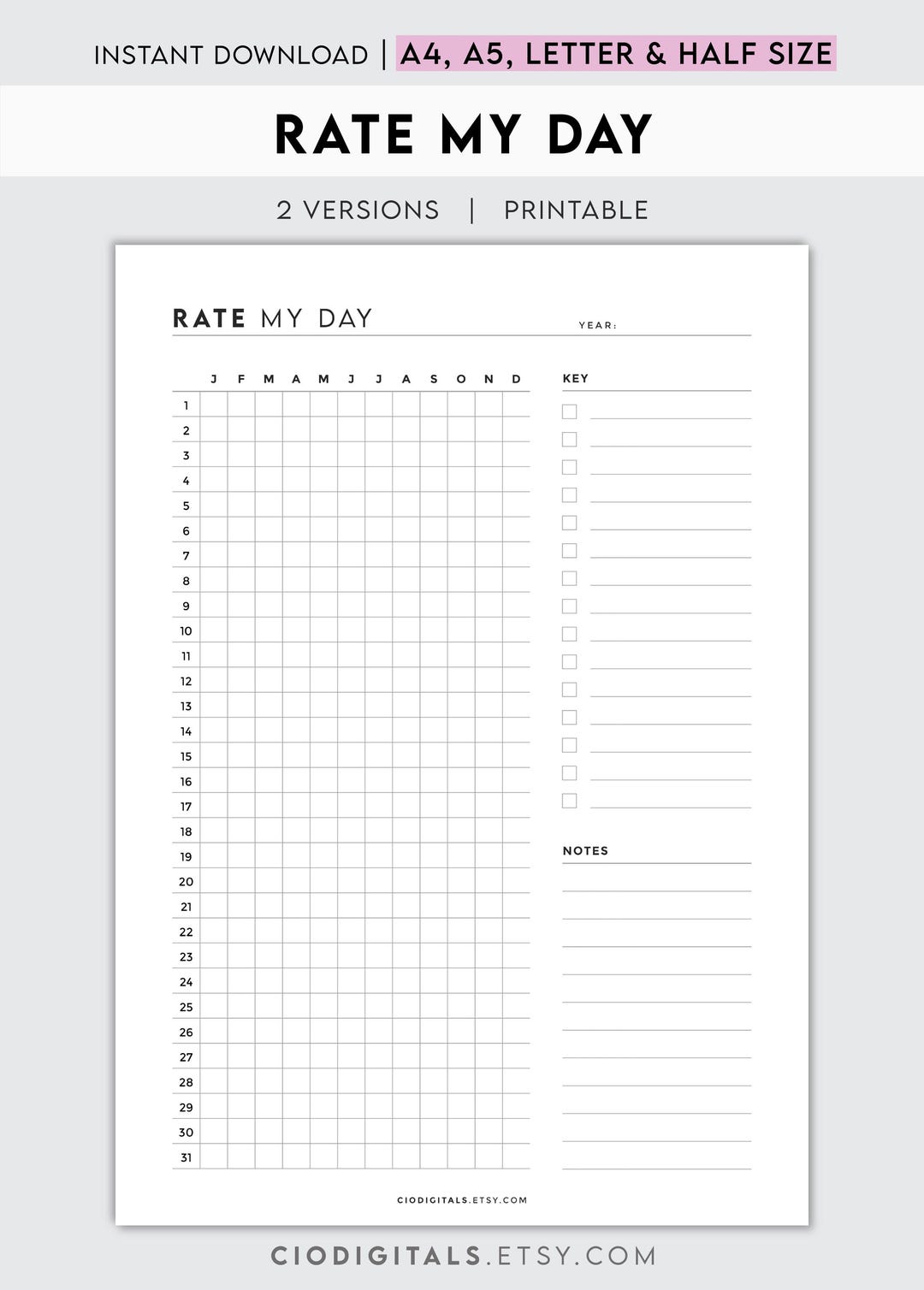 Rate My Day Printable Tracker | Mood & Progress Journal | Yearly ...