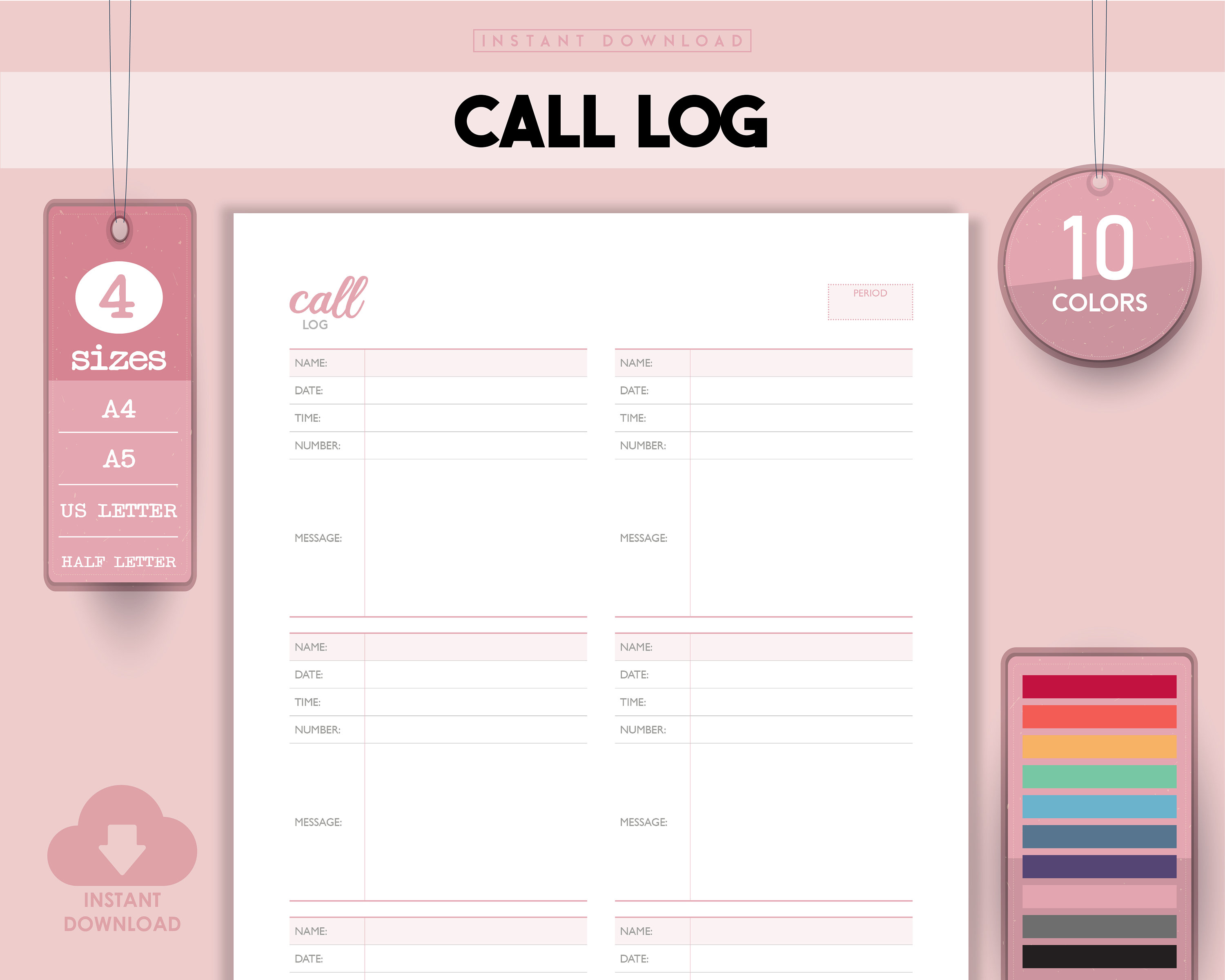 Phone Call Log, Missed Call Log, Printable Call Log, Fillable Template ...