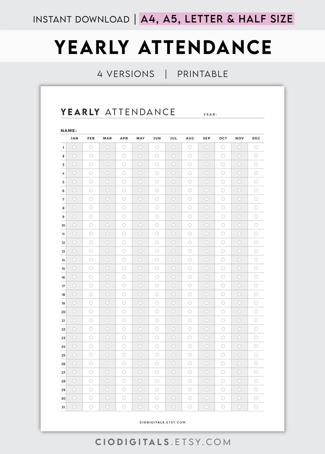 Printable Yearly Employee Attendance Tracker | Staff Schedule Log (A4 ...