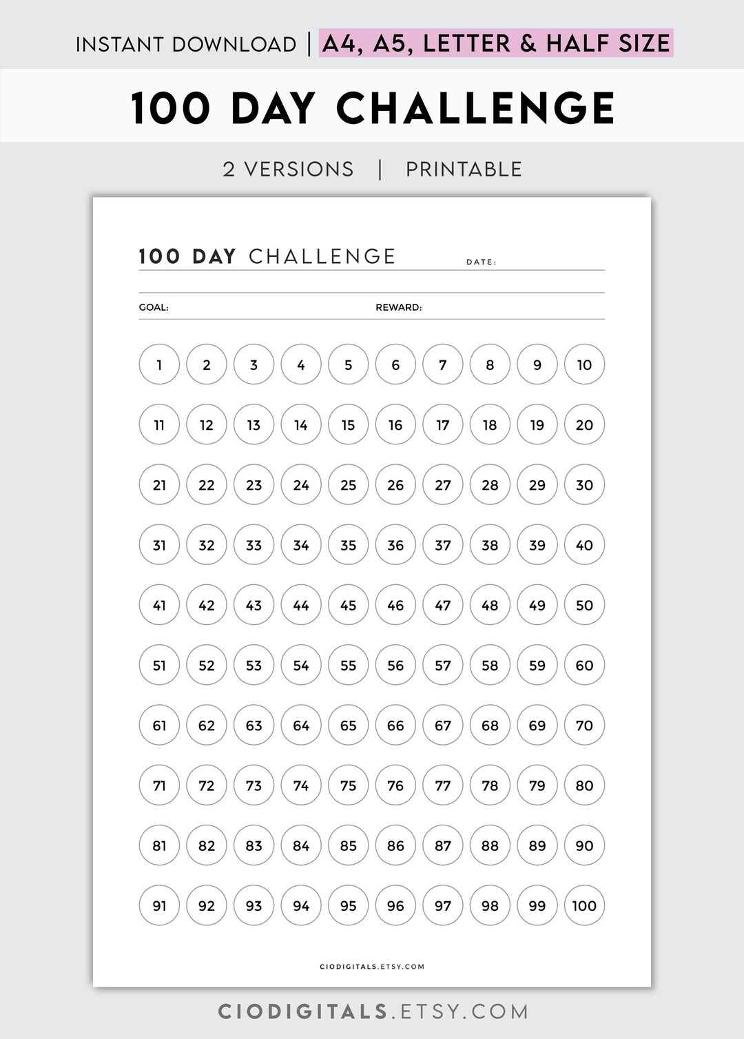100 Day Challenge Printable Planner | Long-term Goals Habit Tracker ...
