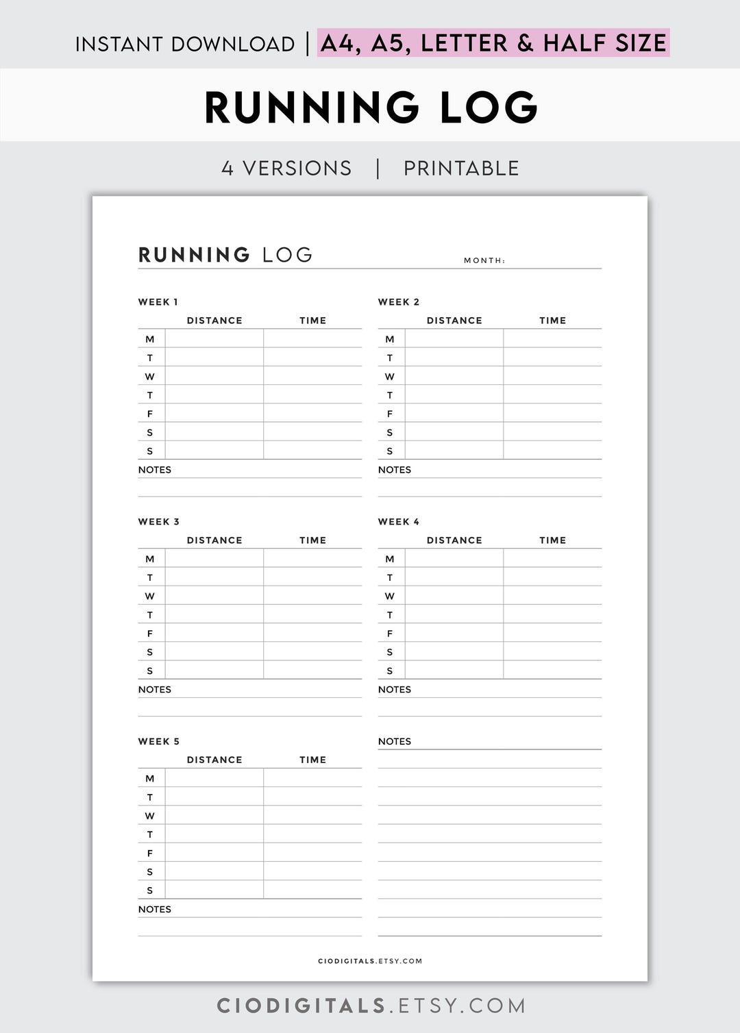 Running Log Tracker | Printable Fitness Journal & Workout Planner for ...
