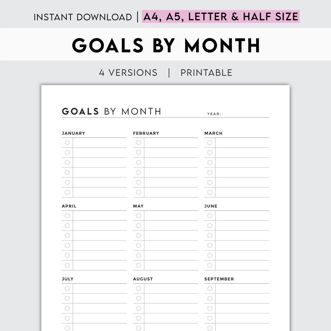 Monthly Goal Planner Printable – Yearly Roadmap, Progress Tracker ...