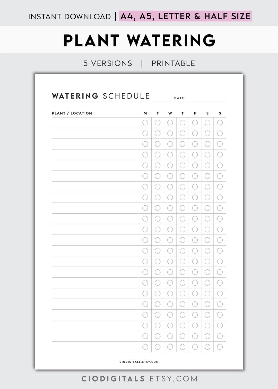 Plant Watering Schedule Printable | 5 Versions Garden Care & Hydration ...