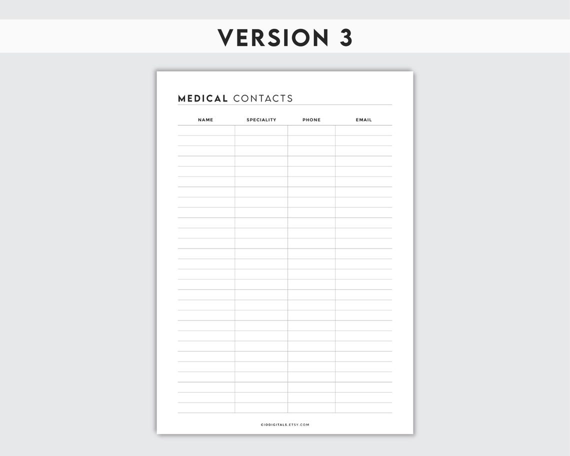 Medical Contacts Tracker | Printable Health Organizer & Doctor ...