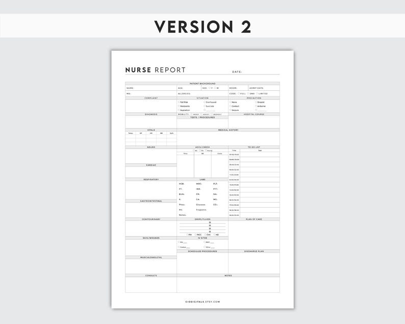 Nurse Report Sheet: Patient Handoff, Medical Chart (printable) - Etsy