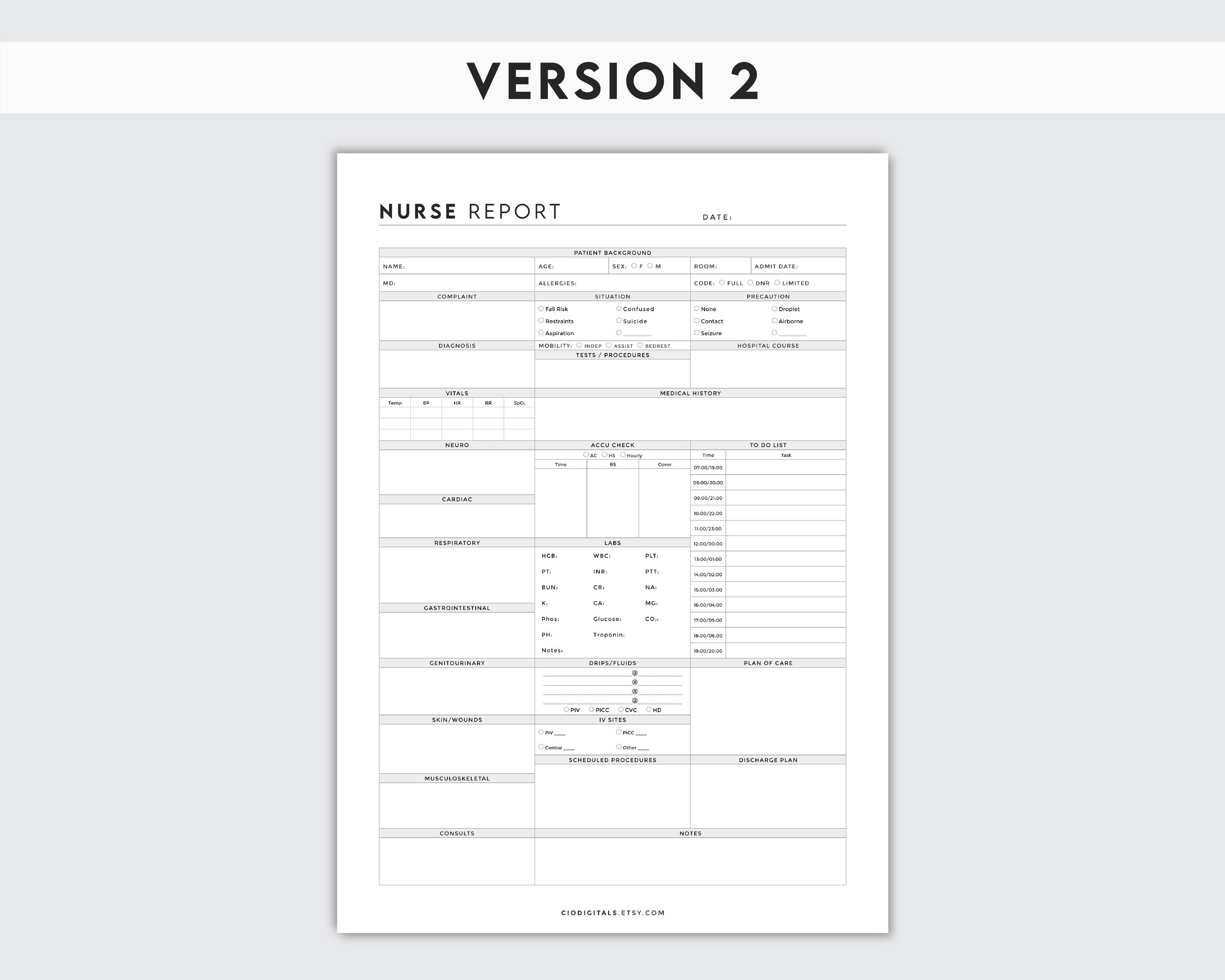 Nurse Report Sheet for Patient Handoff Medical Note Chart Hospital Log ...