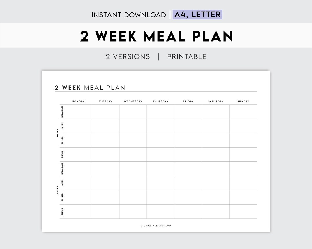 2 Week Meal Planner | Printable Weekly Menu & Healthy Eating Schedule ...