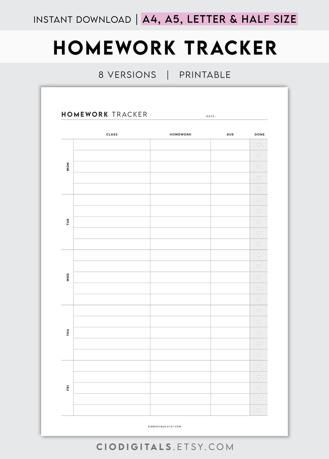 Homework Tracker | Customizable Assignment Organizer & Study Schedule ...