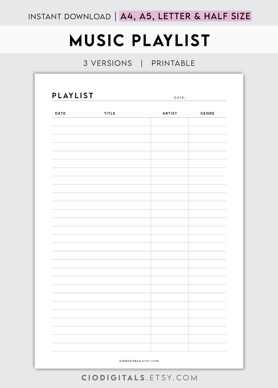 Music Playlist Planner | Customizable Song Tracker & Artist Catalog for ...