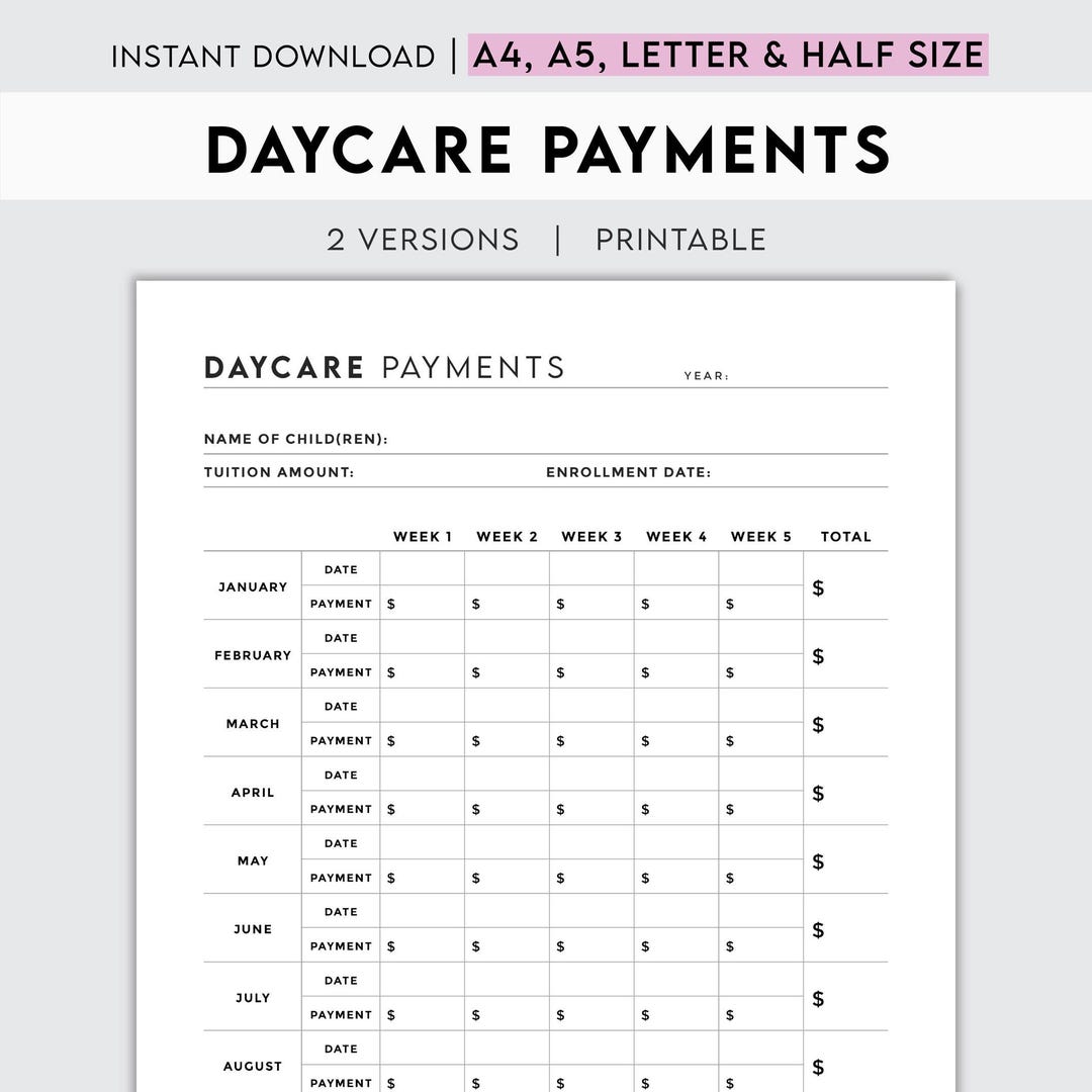 Printable Daycare Payments Tracker | Tuition and Childcare Fee Log ...