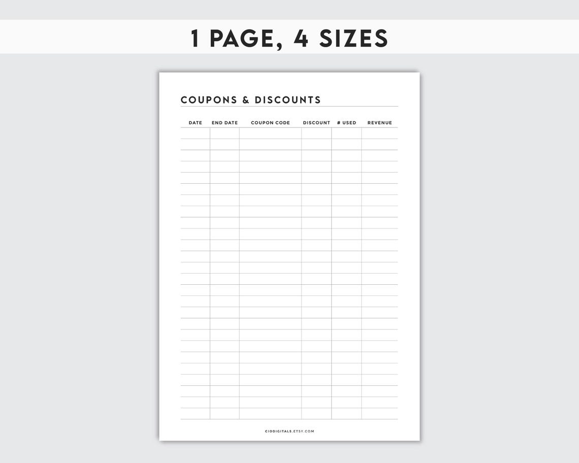 Coupons & Discounts Tracker | Savings Sheet | Deal Log | Promo Code ...