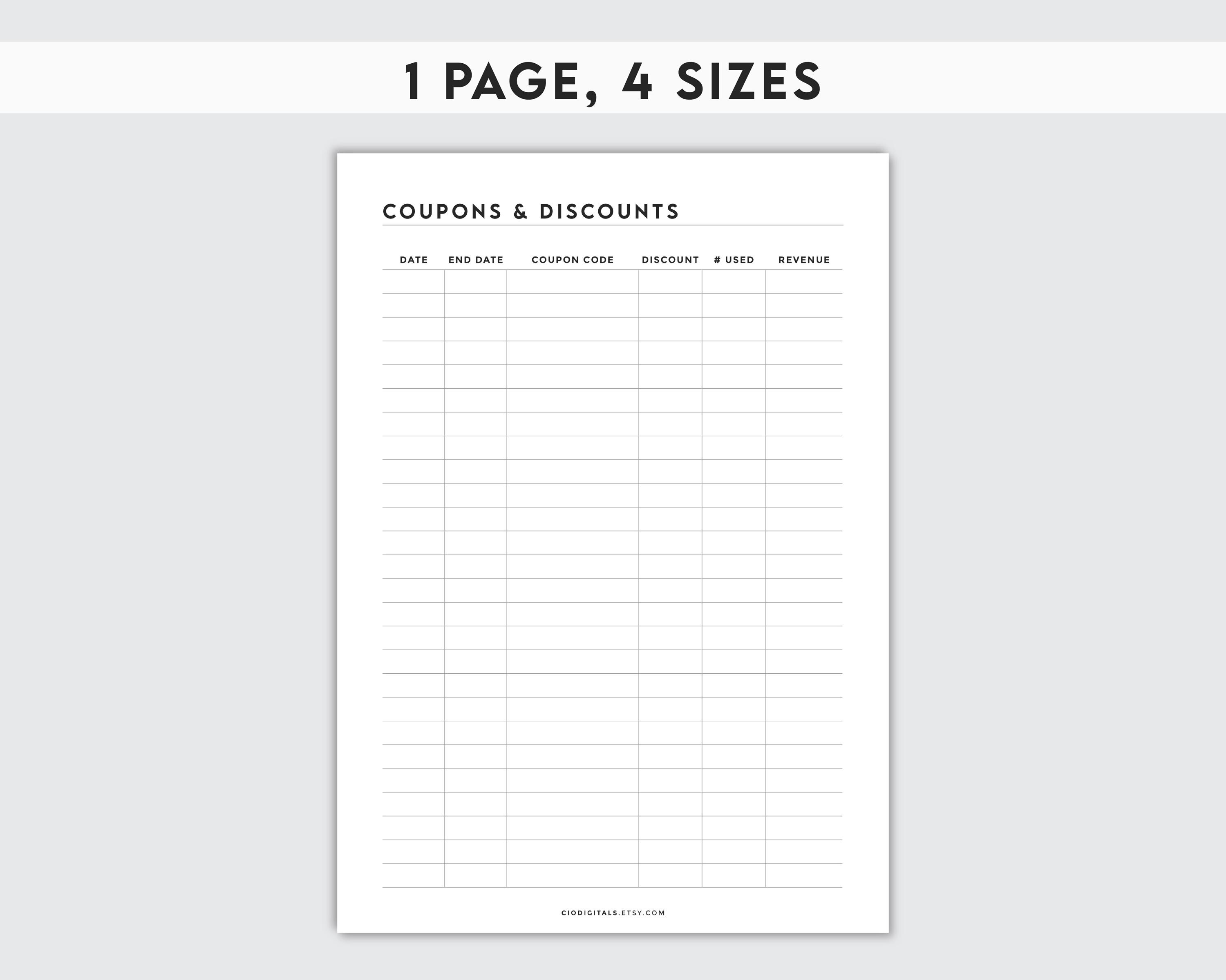 Coupons & Discounts Tracker | Savings Sheet | Deal Log | Promo Code ...