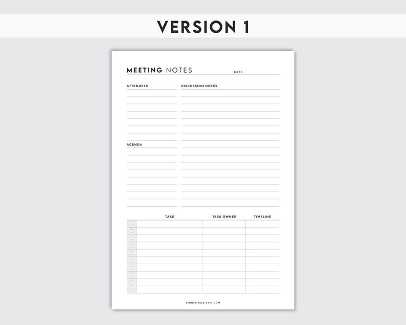 Meeting Notes Template Printable | Agenda, Tasks (digital Download) - Etsy