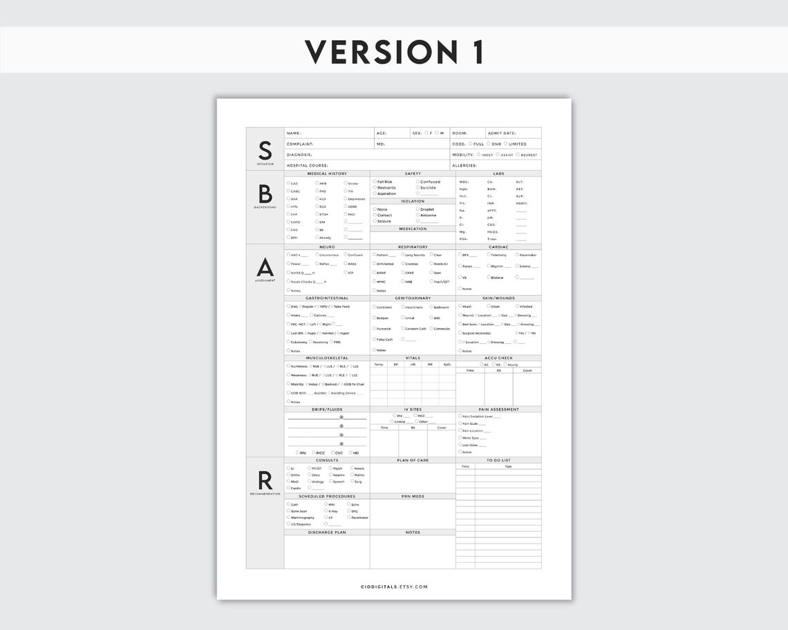 SBAR Nurse Report Template, Patient Handoff Sheet (digital Download) - Etsy