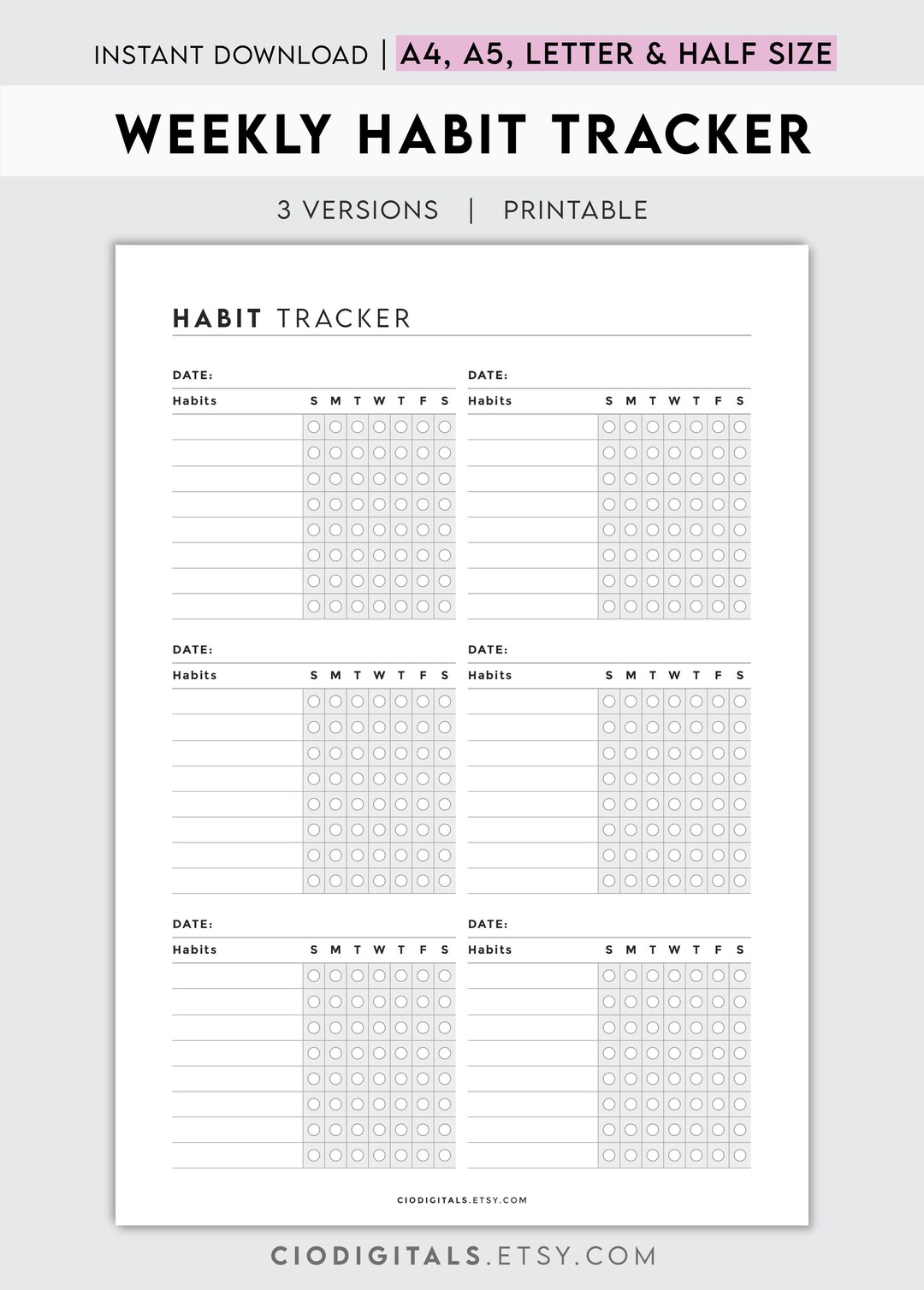 Weekly Habit Tracker Printable | 3 Versions Goal Progress & Routine ...