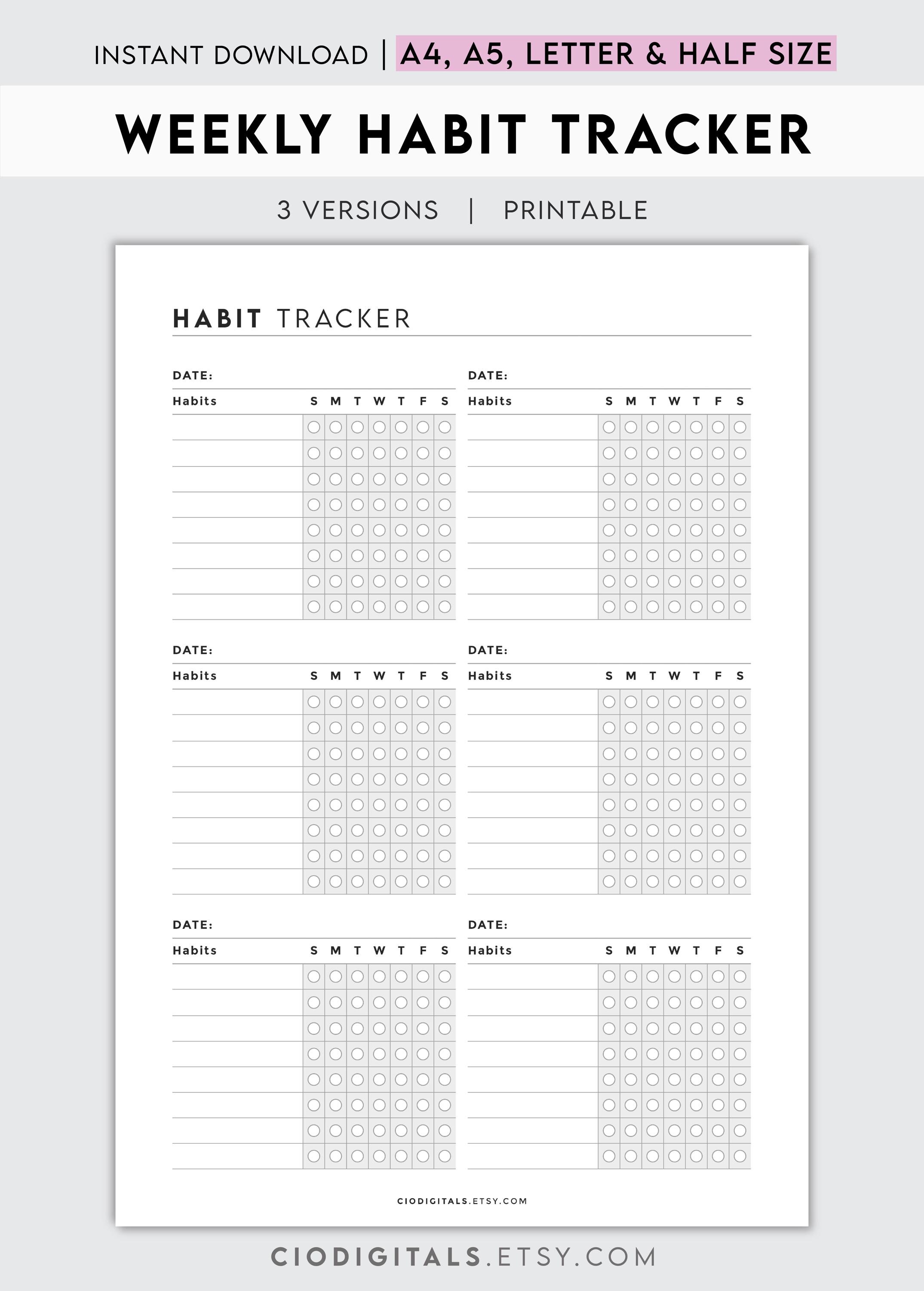 Weekly Habit Tracker Printable | 3 Versions Goal Progress & Routine ...