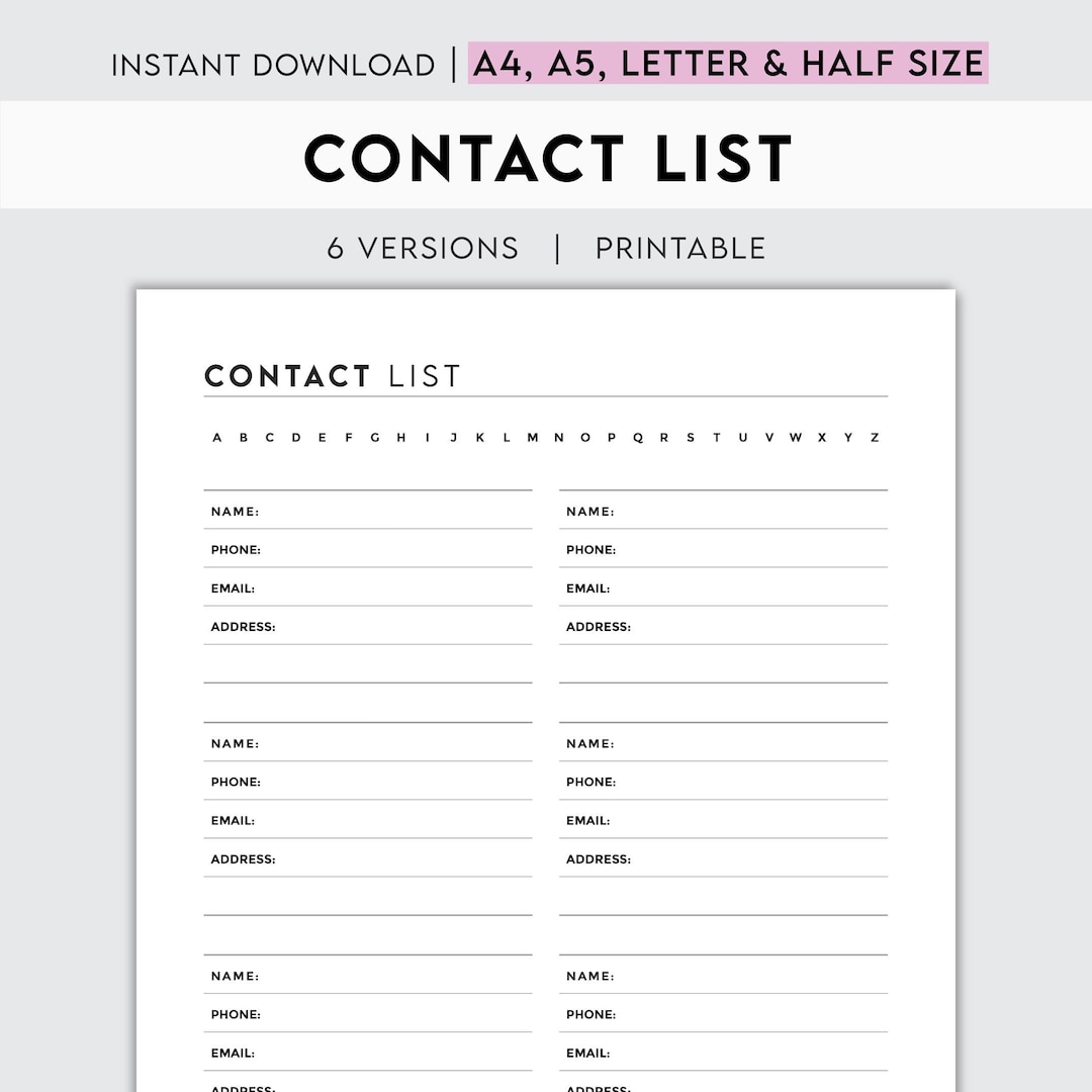 Printable Contact List, Address Book (digital Download) - Etsy