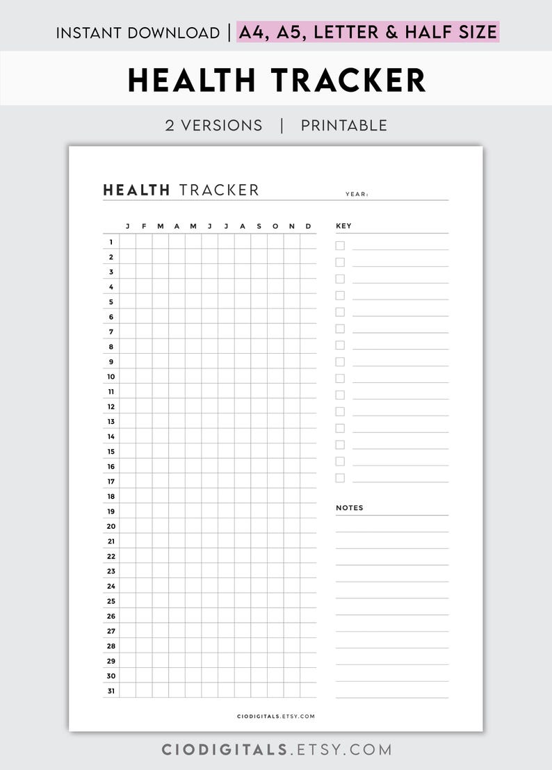 Health Tracker | Printable Wellness Journal & Fitness Log for Annual ...