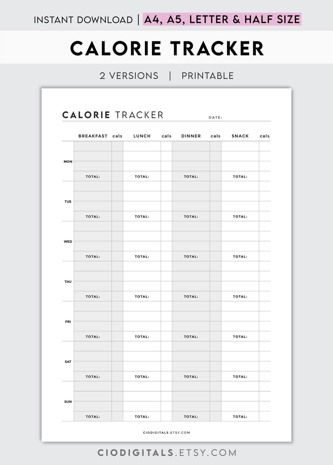 Printable Calorie Tracker, Meal Planner & Food Journal (digital ...