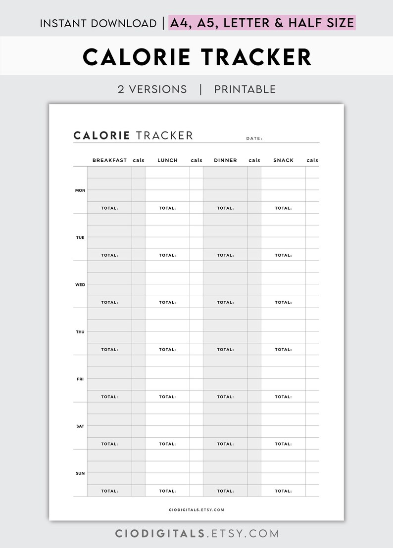 Printable Calorie Tracker, Meal Planner & Food Journal (digital ...